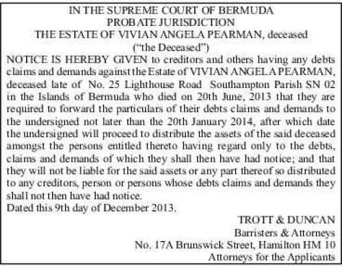 Estate of Vivian Angela Pearman - The Royal Gazette | Bermuda News ...