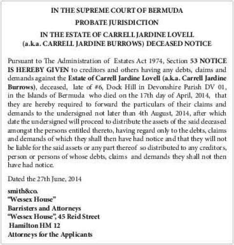 Estate of Carrell Jardine Lovell Letters of Administration - The Royal ...