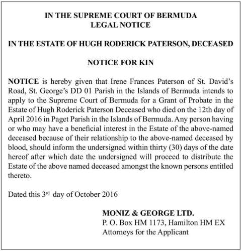 Notice of Kin Hugh Roderick Paterson - The Royal Gazette | Bermuda News ...
