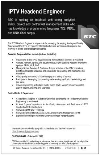 IPTV Headend Engineer - The Royal Gazette | Bermuda News, Business ...