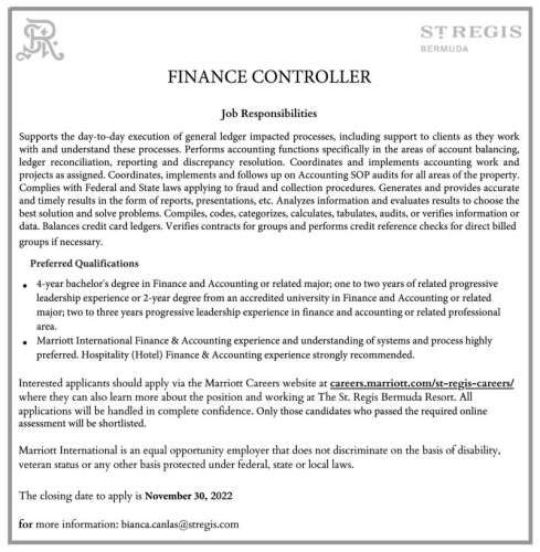 Finance Controller - The Royal Gazette | Bermuda News, Business, Sports ...