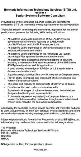 SENIOR SYSTEMS SOFTWARE CONSULTANT - The Royal Gazette | Bermuda News ...