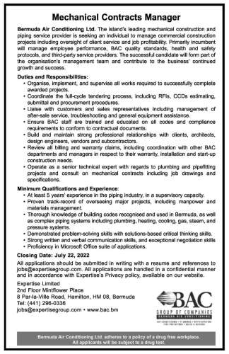 Mechanical Contracts Manager - The Royal Gazette | Bermuda News ...