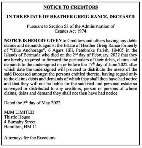 NOTICE TO CREDITORS IN THE ESTATE OF HEATHER GREIG RANCE, DECEASED ...