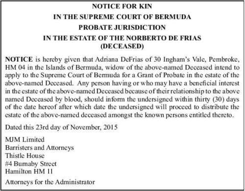 Notice for Kin Norberto De Frias - The Royal Gazette | Bermuda News ...