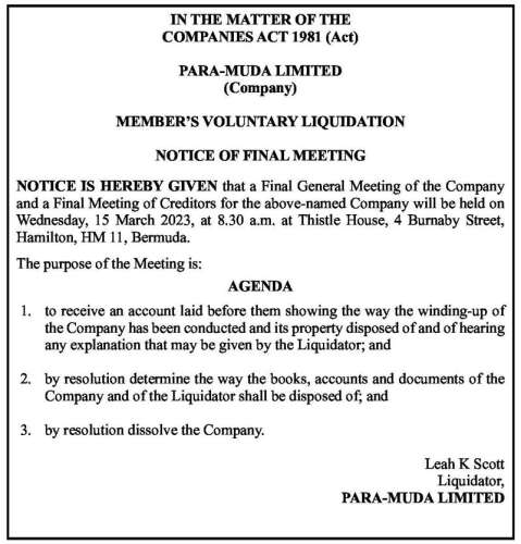 PARA-MUDA LIMITED (Company) - The Royal Gazette | Bermuda News ...