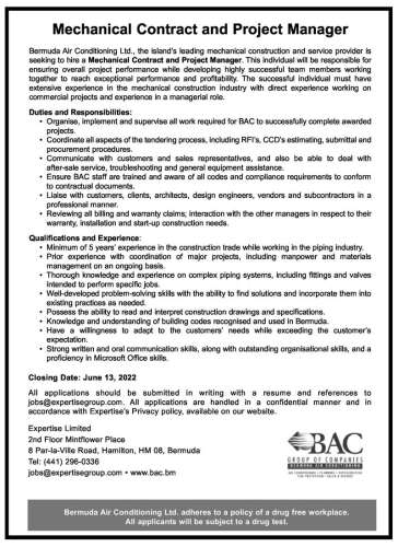 Mechanical Contract and Project Manager - The Royal Gazette | Bermuda ...