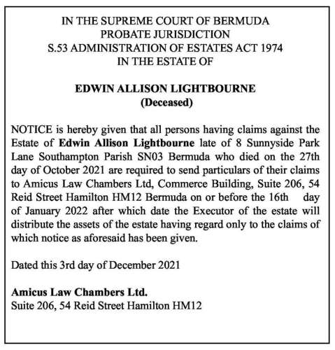 ESTATE OF EDWIN ALLISON LIGHTBOURNE - The Royal Gazette | Bermuda News ...