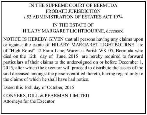 Estate of Hilary Margaret Lightbourne Notice of Claims - The Royal ...