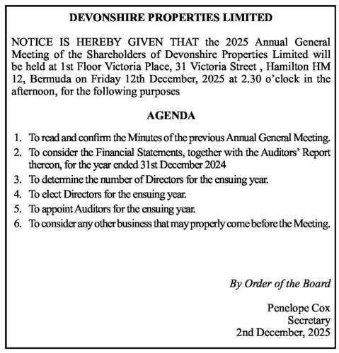 Devonshire Properties Limited 2025 AGM - The Royal Gazette | Bermuda ...
