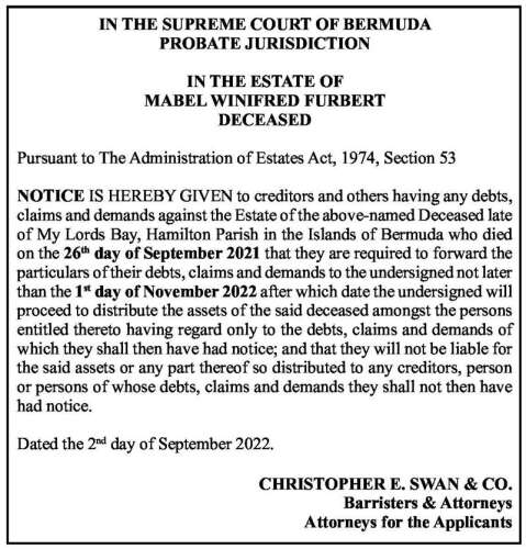 IN THE ESTATE OF MABEL WINIFRED FURBERT DECEASED - The Royal Gazette ...