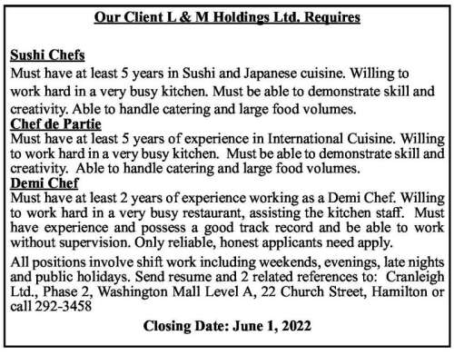 Waiter/Waitress - Chef de Partie - Demi Chef - The Royal Gazette ...