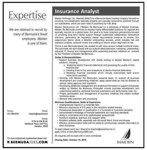 Insurance Analyst - The Royal Gazette | Bermuda News, Business, Sports ...