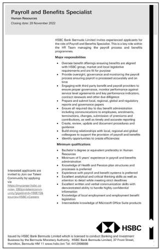 Payroll and Benefits Specialist - The Royal Gazette | Bermuda News ...