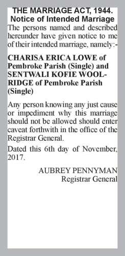 CHARISA ERICA LOWE of Pembroke Parish (Single) SENTWALI KOFIE WOOLRIDGE ...