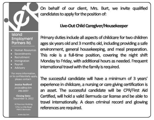 Live-Out Child Caregiver/Housekeeper - The Royal Gazette | Bermuda News ...