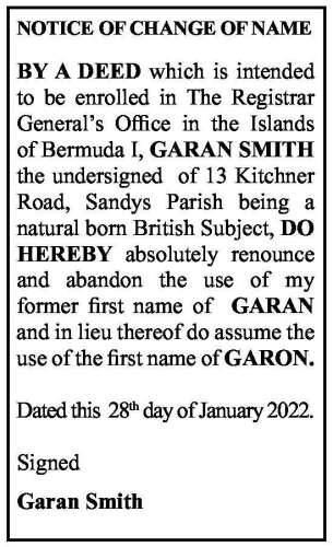 Deed Poll - Garon Smith - The Royal Gazette | Bermuda News, Business ...