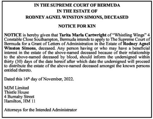 Notice For Kin- IN THE ESTATE OF RODNEY AGNEL WINSTON SIMONS, (DECEASED ...