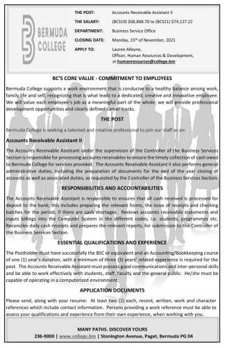 Accounts Receivable Assistant II - The Royal Gazette | Bermuda News ...