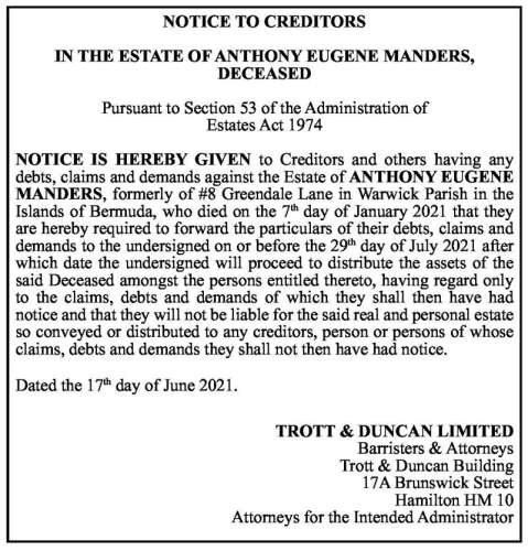 Estate of Anthony Eugene Manders Notice To Creditors - The Royal ...