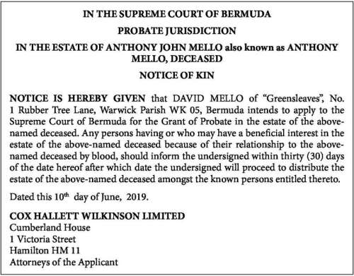 Anthony John Mello Notice of Kin - The Royal Gazette | Bermuda News ...