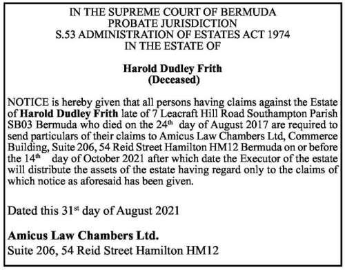 Estate of Harold Dudley Frith - The Royal Gazette | Bermuda News ...