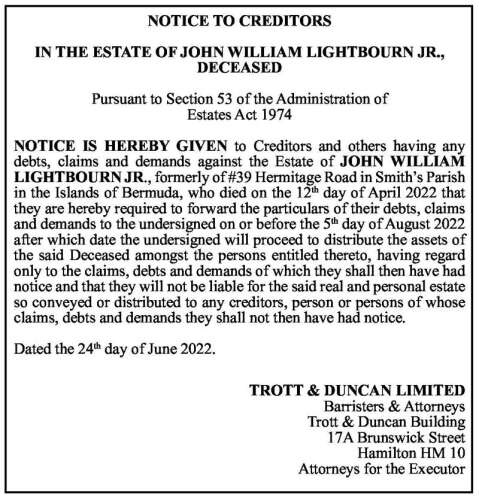 NOTICE FOR KIN - IN THE ESTATE OF JOHN WILLIAM LIGHTBOURN JR., DECEASED ...