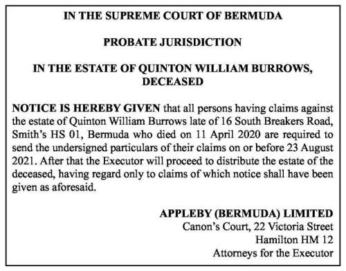 In The Estate of Quinton William Burrows - Claims - The Royal Gazette ...