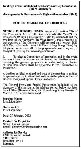 Genting Dream Limited - NOTICE OF MEETING OF CREDITORS - The Royal Gazette | Bermuda News ...