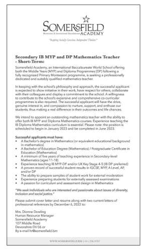 Secondary IB MYP and DP Mathematics Teacher - Short-Term - The Royal ...
