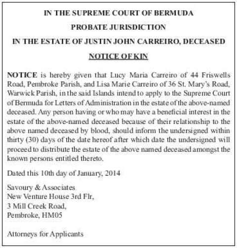 Justin John Carreiro - Notice of Kin - The Royal Gazette | Bermuda News ...