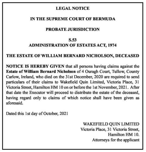 In The Estate of William Bernard Nicholson - S.53 - The Royal Gazette ...