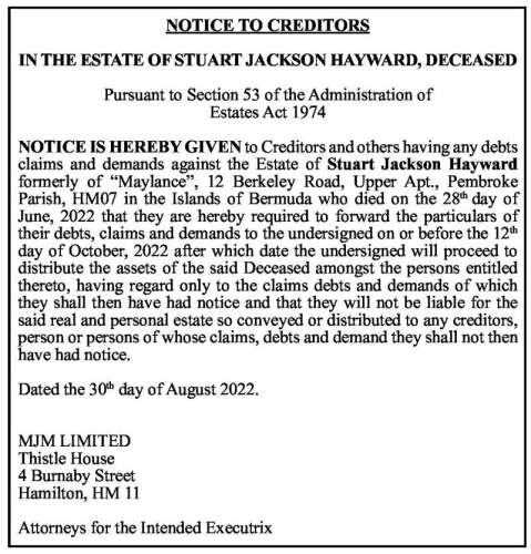 NOTICE TO CREDITORS IN THE ESTATE OF STUART JACKSON HAYWARD, DECEASED ...