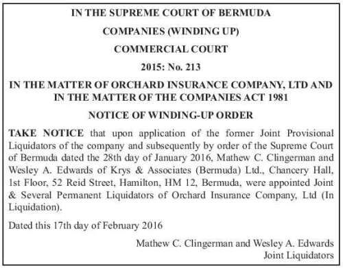 In The Matter Of Orchard Insurance Company, Ltd - The Royal Gazette ...
