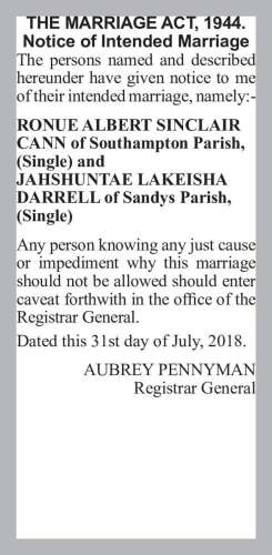 RONUE ALBERT SINCLAIR CANN of Southampton Parish, (Single) JAHSHUNTAE ...