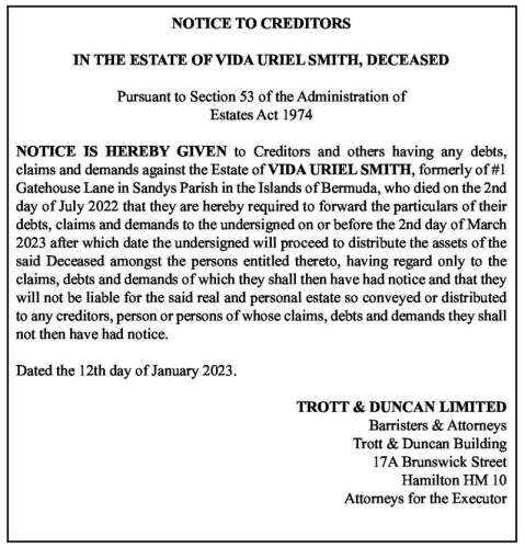 Estate of Vida Uriel Smith Notice to Creditors - The Royal Gazette ...