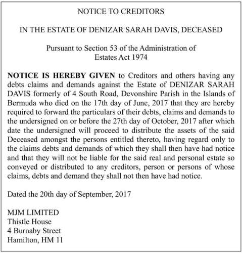 Notice to Creditors - Estate of Denizar Sarah Davis,(Deceased) - The ...