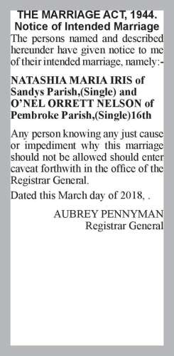 NATASHIA MARIA IRIS of Sandys Parish,(Single) O'NEL ORRETT NELSON of ...