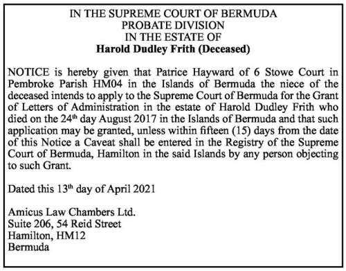 PROBATE DIVISION -IN THE ESTATE OF Harold Dudley Frith (Deceased) - The ...