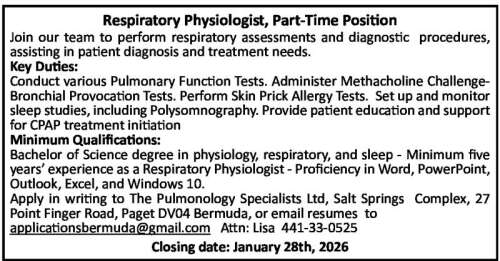 Respiratory Physiologist - Part-Time Position - The Royal Gazette ...