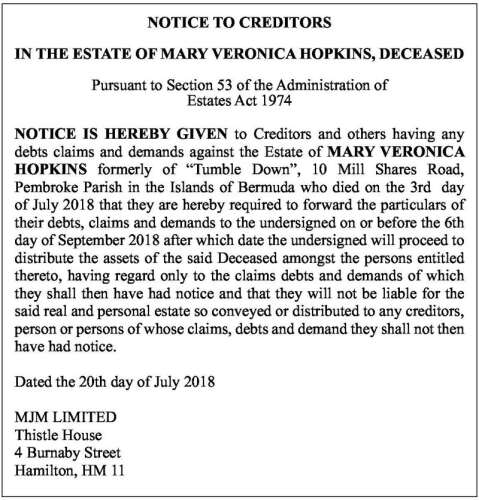 Notice to Creditors Mary Veronica Hopkins - The Royal Gazette | Bermuda ...