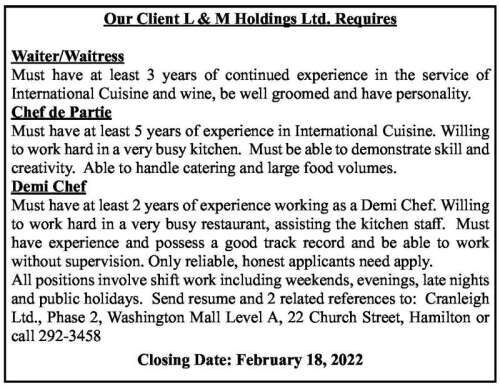 Waiter/Waitress - Chef de Partie - Demi Chef - The Royal Gazette ...