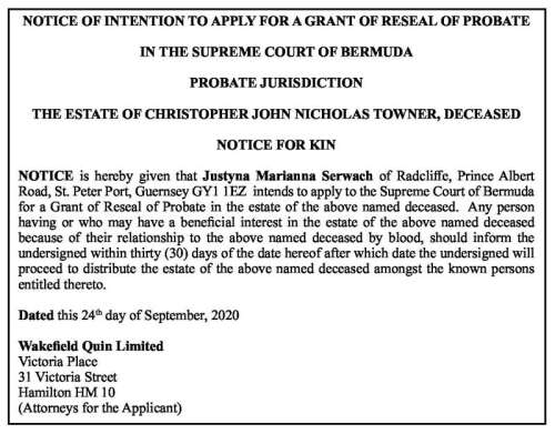 ESTATE OF CHRISTOPHER JOHN NICHOLAS TOWNER NOTICE OF KIN - The Royal ...