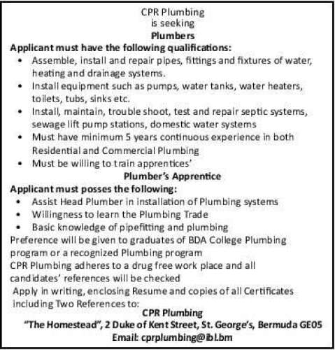 CPR Plumbing is seeking Plumbers Applicant must have the following ...