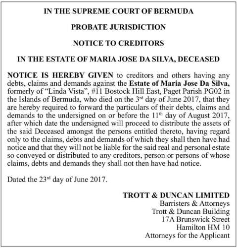 In The Estate Of Maria Jose Da Silva, (deceased) - The Royal Gazette ...
