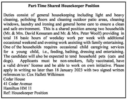 Part-Time Shared Housekeeper - The Royal Gazette | Bermuda News ...