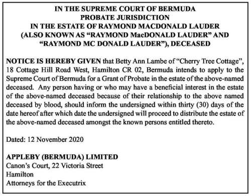 In The Estate of Raymond Macdonald Lauder - Notice For Kin - The Royal ...