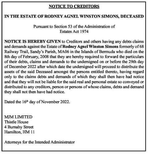 Notice To Creditors- IN THE ESTATE OF RODNEY AGNEL WINSTON SIMONS ...
