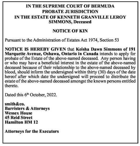 KENNETH GRANVILLE LEROY SIMMONS, NOTICE OF KIN - The Royal Gazette ...