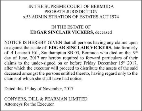 Edgar Sinclair Vickers s.53 Adminstration - The Royal Gazette | Bermuda ...